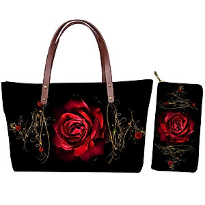 ZFRXIGN Red Rose Purse and Wallet Set for Women Handbags Girls Gifts Shoulder Bag Fashion Top Handle Tote with Coin Pockets Black