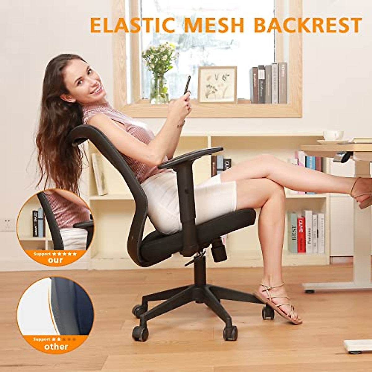 ETasker Ergonomic Office Chair Home: Mesh Desk Chairs with Wheels and Adjustable Arms - Comfortable Computer Desk Chair for Women Adults - Mid Back Swivel Task Chair for Home Office