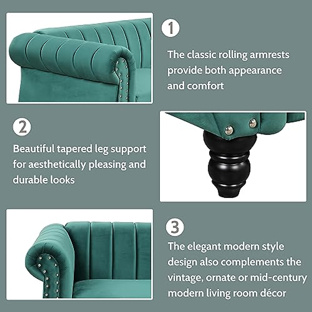 3-Piece Sofa Sets Living Room Sets with Solid Wood legs, Buttoned Tufted Backrest, Frosted Velvet Upholstered Couches Sets Including 3-Seat Sofa, Loveseat and Chair for Living Room (Green)