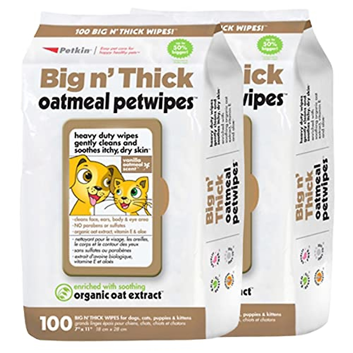 Petkin Pet Wipes for Dogs and Cats, 200 Wipes (Large) – Oatmeal Pet Wipes for Dogs and Cats – Soothes Itchy Dry Skin and Cleans Ears, Face, Butt, Body and Eye Area – 2 Packs of 100 Wipes