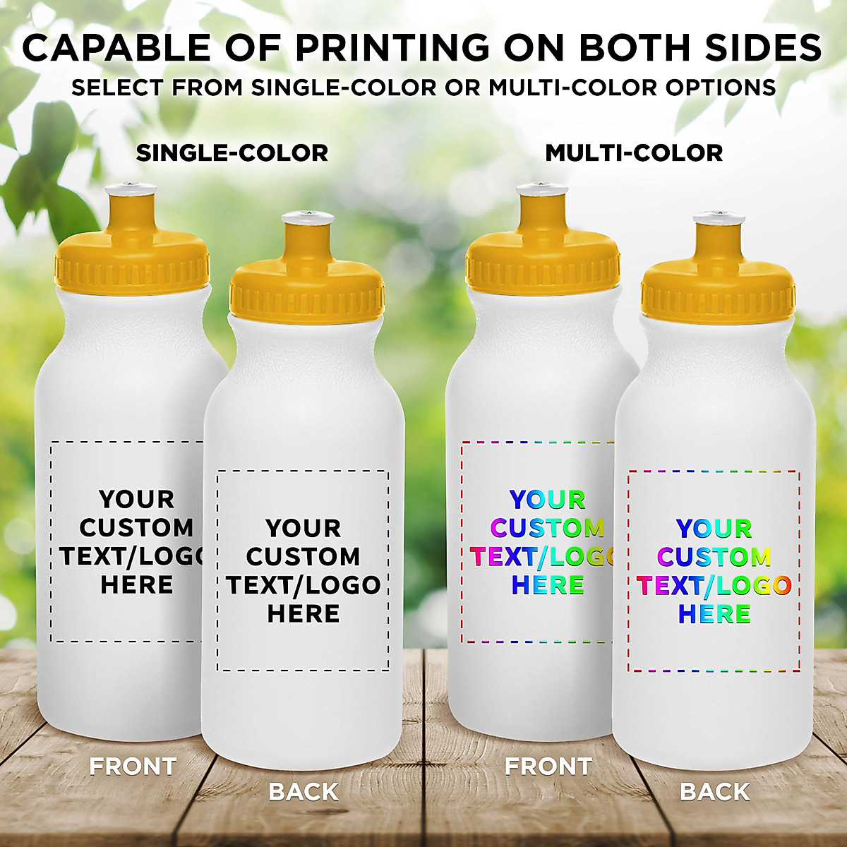 DISCOUNT PROMOS Custom White Water Bottles with Push Cap -50 pack, Customizable Text, Logo, 20 oz, Reusable BPA FREE Squeezable Bottles in Bulk - White Yellow