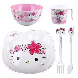 Hello Kitty Flowers Cute Pink Dinnerware Flatware Meal Set – Plate Bowl Cup Fork Spoon, 5 pieces