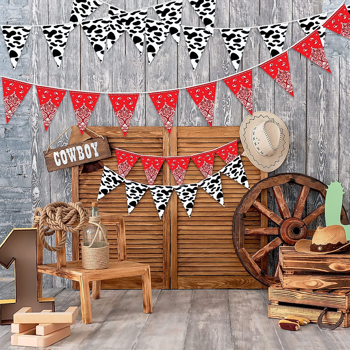 Ctosree 5 Pack 49 Ft Cow Print Bandana Pennant Banners Cow Bunting Banner Western Cowboy Baby Shower Birthday Party Supplies Red White Black Flag for Wild West Farm Theme Party Decor, 7.5 x 10.8 Inch