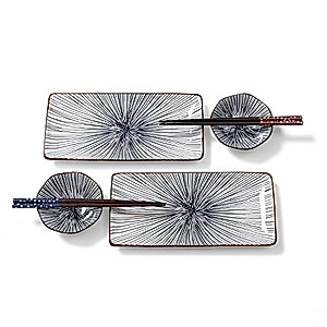 Relaxing Garden 6 piece sushi plate set, 10-inch ceramic rectangle sushi dishes, sushi serving set for 2, with 2 sushi plates 2 sauce bowls 2 pairs of chopsticks