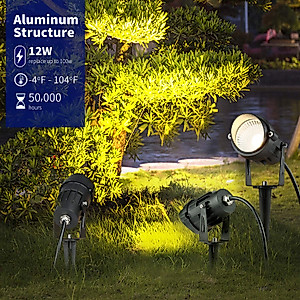WIFZIG Outdoor Landscape Lighting 12W Waterproof Graden Lights COB Led Spotlights with Spiked Stand 120V for Lawn Decorative Lamp US 3- Plug 3000K Warm White (4Pack, 3000K)