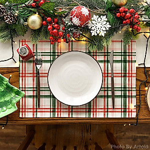 Artoid Mode Red Green Buffalo Plaid Christmas Placemats Set of 6, 12x18 Inch Seasonal Winter Table Mats for Party Kitchen Dining Decoration