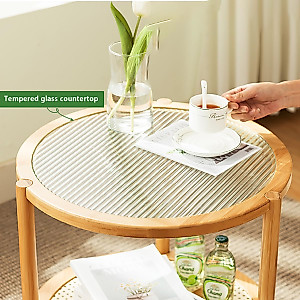 CUPKEE Bamboo Round Side Table, Glass End Tables, Double Layer Large Capacity Coffee Table with Storage for Living Room, Balcony, Bedroom