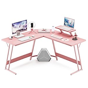 VICTONE L Shaped Gaming Desk, Corner Desk with Monitor Stand, Computer PC Table for Home Office Writing Studying Working, Space-Saving, Easy Assemble(Pink,51'')