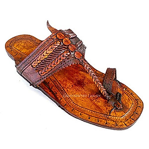 Handcrafted Luxury Men Water Buffalo Hippie 100% Leather Sandals Biblical Leather Sneakers Jesus Sandals Brown Finger Style Kolhapuri Sandals (9 M US Men / 11 M US Women)