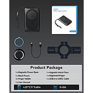 VRURC Magnetic Power Bank, 10000mAh Wireless Portable Charger iPhone, Max 22.5W Fast Charging, USB-C & USB Outputs,Magnetic Battery Charger for iPhone 14/13/12 Series, with Finger Holder - Black