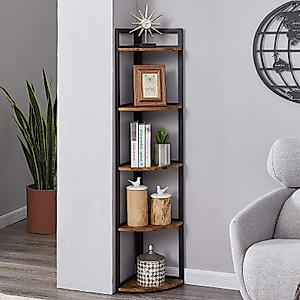 SUPERJARE Corner Shelf, Industrial 5-Tier Wall Corner Bookshelf with Metal Frame, Corner Shelf Stand Display Plant Flower, Corner Bookcase for Home, Office, Kitchen - Rustic Brown