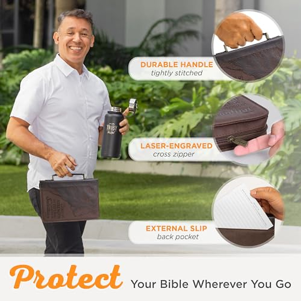 Christian Art Gifts Men's Classic Bible Cover The Lord is My Strength Lion Exodus 15:2, Brown Faux Leather, Large