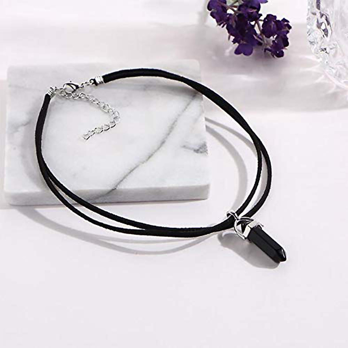 Aimimier Layered Choker Necklace Crystal Choker Chakra Suede Choker Hexagonal Gemstone Pendant Necklace Bohemia Jewelry for Women(Black)