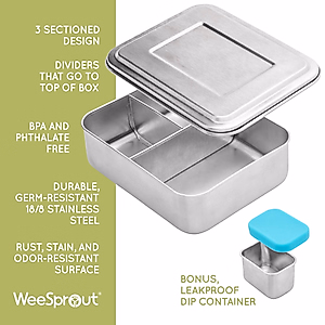 WeeSprout 18/8 Stainless Steel Bento Box (Large) - 3 Compartment Metal Lunch Box, Skid-proof Silicone, for Kids & Adults, Bonus Dip Container, Fits in Lunch & Work Bags, Dishwasher & Freezer Friendly