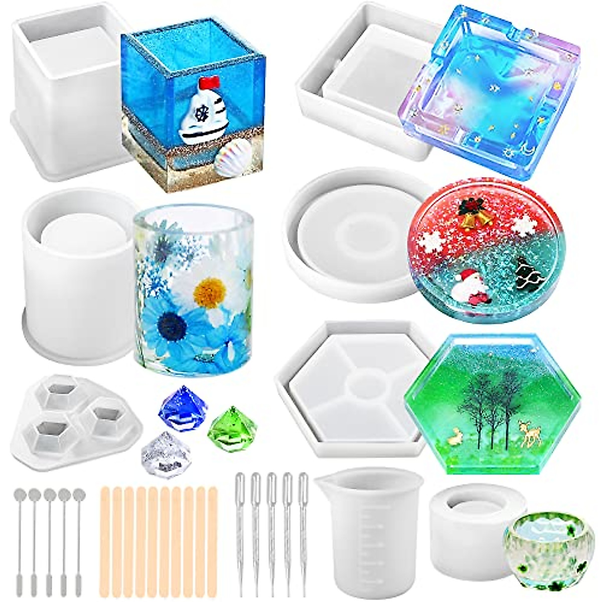 LotFancy Resin Mold Kit, 7pcs Silicone Molds for Resin Casting, Epoxy Resin, Coaster, Ashtray, DIY Art Crystal Diamond, Plant Pot, Pen Candle Soap, Flowers Preservation and Set Tools