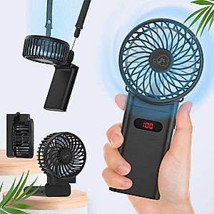 Portable Handheld Fan, 4000mAh 15hrs Mini Battery Operated Fan Personal Fan with Lanyard&LCD, 4 Speeds Strong Wind, Foldable Design for Office, Hiking, Camping, Travel……