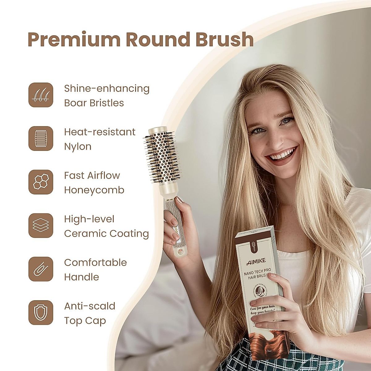 AIMIKE Round Brush, 1.3 Inch Barrel, Nano Thermal Ceramic & Ionic Tech, Boar Bristles, for Blow Drying, Styling, Curling and Shine, Gold + 4 Clips