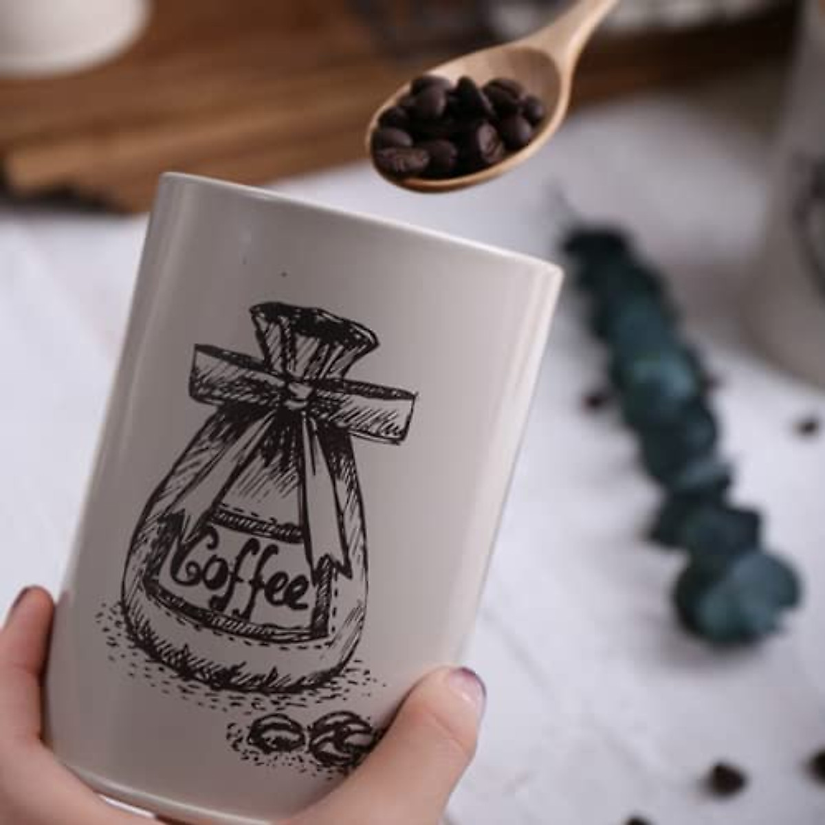 YOUEON Canister Sets for Kitchen Counter, Metal Vintage Kitchen Canisters Set of 3, Coffee Sugar Tea Canister Set, Food Storage Canister with Bamboo Lid, Farmhouse Kitchen Decor, Beige