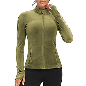 GYM RAINBOW Womens Velvet Workout Jackets Full Zip Lightweight Athletic Running Jacket with Pockets(#1 Green,X-Large)
