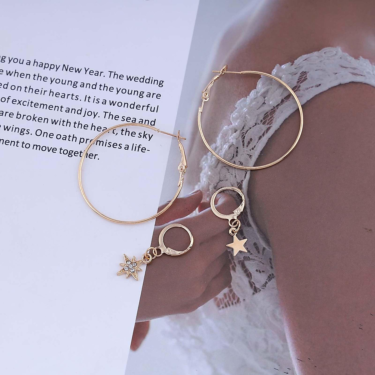 Sttiafay Vintage Exaggerated Circle Dangle Earrings Crystal Star Hoop Earrings Gold Hollow Large Hoop Earrings Circle Star Drop Earrings Jewelry for Women and Girls