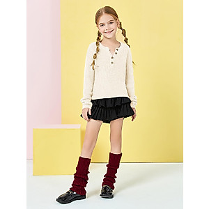 rrhss Girls Waffle Knit Sweaters Trendy Henley Button V Neck Long Sleeve Pullover Jumper Tops Off-White