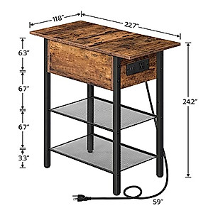 HOOBRO End Table with Charging Station, Narrow Side Table with USB Ports and Outlets, Flip Nightstand for Small Spaces, Sofa Couch Table Bedside Table, Living Room Bedroom, Rustic Brown BF158UBZ01G1