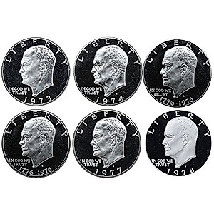 1973 S 1974 1976(T1) 1976(T2) 1977 1978 Eisenhower Ike Dollars Gem Proof Run 6 Coins US Mint Clad Lot Complete Set Proof
