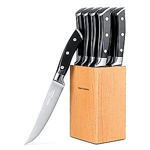 OAKSWARE Steak Knives Set of 8 with Block, 5 inch Non Serrated Steak Knife Set, 8 Pieces Professional Straight Edge Kitchen Table Dinner Knives - Forged German Steel - Full Tang Handle