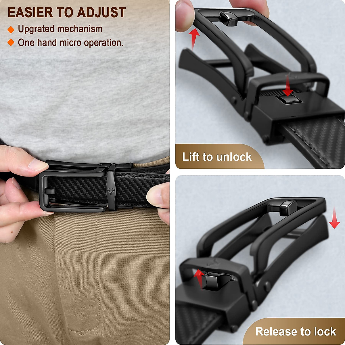 BULLIANT Men Belt, Ratchet Click Sliding Leather Belt for Gift Men 1 3/8,Cut for Fit(Black,32"-38" Waist Adjustable)