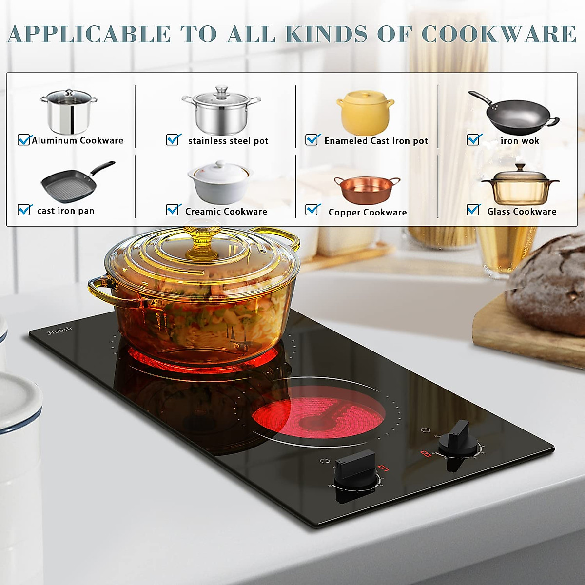 Hobsir hob 2 Burner Electric Cooktop, 110v Electric Burner Stove Top 12 inch Knob Control Countertop & Built-in Radiant Electric Stove with Residual Heat Indicator, Over-Temperature Protection