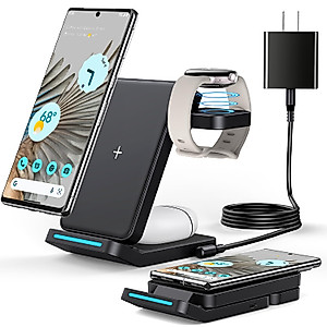 Houflody 3 in 1 Foldable Wireless Charging Station for Google Pixel Watch 1, Pixel Buds Pro and Google Phones Fold/8 Pro/8/7 Pro/7a/7/6 Pro/6/5/4/3/XL, Wireless Charger with QC 18W Adapter, Black