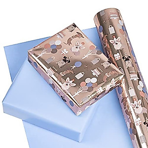 WRAPAHOLIC Reversible Birthday Wrapping Paper - Mini Roll - 17 Inch X 33 Feet - Adorable Dogs with Metallic Foil Shine and Solid Blue for Birthday, Party, Baby Shower