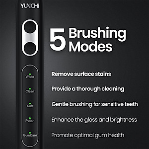 YUNCHI Y2 Charcoal Sonic Electric Toothbrush - Whitening, 5 Modes, Smart Timer, 8 Brush Heads, Rechargeable, For Adults and Kids