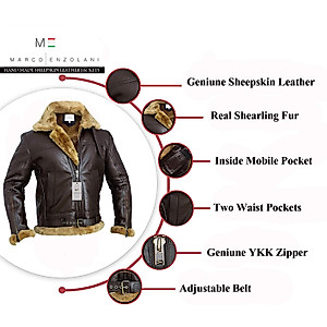 Marco Enzolani RAF Bomber Ginger Men B3 Bomber Jacket Aviator Real Shearling bomber Sheepskin Leather Jacket (Brown, m)