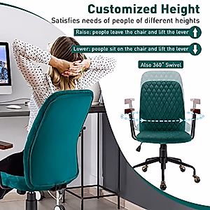 Velvet Home Office Desk Chair with Wooden Armrests, Adjustable Swivel Vintage Mid-Back Leisure Chair with Padded Seat, Task Chair Upholstered Computer Chair for Work Study (Green)