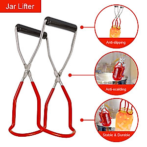 Canning Supplies Starter Kit, 304 Stainless Steel Canning Set Tools: Rack, Canning Funnel, Jar Lifter, Wrench, Tongs, Lid Lifter, Bubble Popper - Red 7 Piece