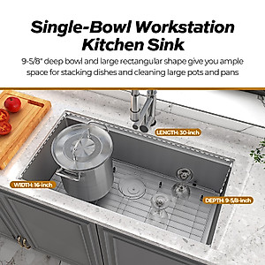TECASA 32 inch Workstation Kitchen Sink, Undermount Deep Single Bowl, Stainless Steel with Integrated Ledge and Accessories (Pack of 5), World-class Manufacturing Standard (32" x 18" x 10")