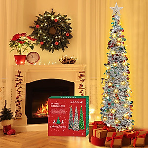 2Pcs Pop Up Christmas Tree with 50 Warm Lights 3D Topper Star - Collapsible Glitter Tinsel Artificial Christmas Pencil Trees Holiday Xmas Decoration for Indoor Home Office