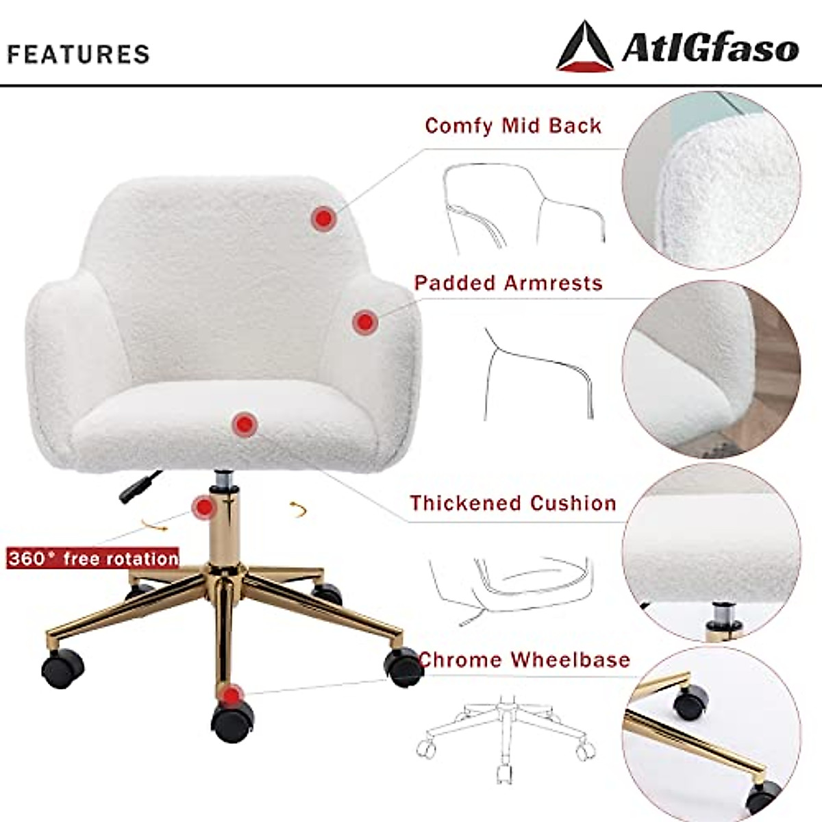 AtIGfaso with Wheels Ultra-Soft Plush Swivel Chair with Adjustable Height and 360-Degree Rotation,Combing Chair Ideal for Home Office or Bedroom, Ergonomic Design, Gold Base, Cream White Color