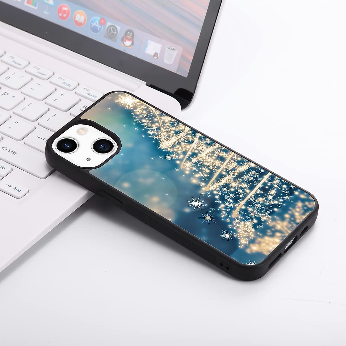 JOYLAND Christmas New Year Phone Case for iPhone 14 Pro,Christmas Tree Girly Protective Case Black Soft Silicone&Aluminum Hard Back Scratch Resistant Shockproof Cover for iPhone 14 Pro