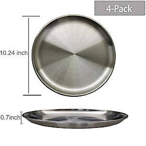 NEWEE Stainless Steel Dinner Plates, Stainless Steel Plates, 10 inch, Metal Round Dinner Plate for Adults, Eating, Camping, Picnic,Outdoor, Unbreakable Dishwasher Safe(Pack of 4) Silver 10.24 inch