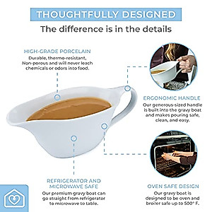 Heartland Home Porcelain Gravy Boat with Large Pour and Fewer Drips. Large White Gravy Boat, 16floz.