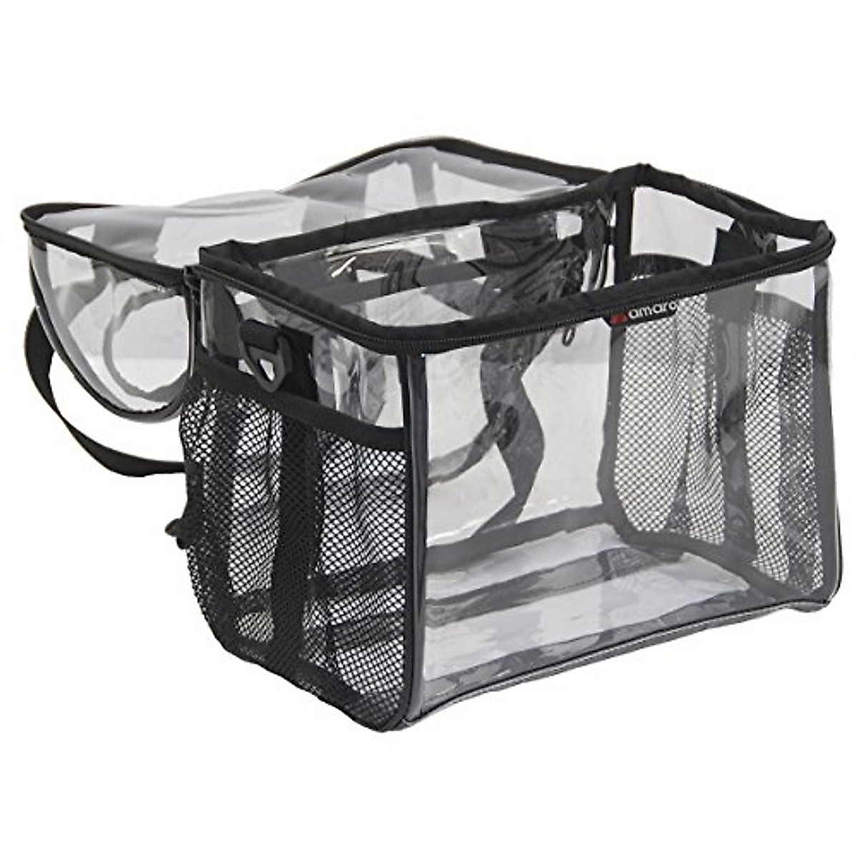 Amaro Premium 0.55mm Clear Dual Compartments Lunch Bag - Transparent Reusable Lunch Box for Adults - Ideal for Workplaces - Adjustable Shoulder Strap - Large Side Mesh Pockets