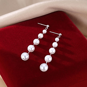SLUYNZ Sterling Silver Pearl Earrings Dangle for Women Teen Girls Wedding Pearl Dangling Earrings Ball Studs (A-Silver)