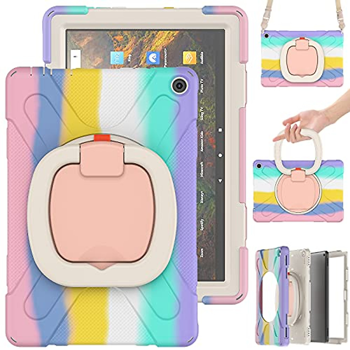 KENOBEE All-New Fire HD 10 & Fire HD 10 Plus Tablet (10.1", 11th Generation, 2021) Case, 360 Rotating Stand Multi-Functional Grip Rugged Heavy Duty Shockproof Protective Kickstand Cover,Rainbow Pink