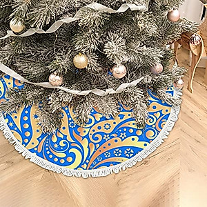 Kuizee Christmas Tree Skirt 30 Inch Xmas Tree Ornament Blue Golden Luxury Deco Xmas Party Decoration Tassels Christmas Party Supplies Christmas Tree Base Cover