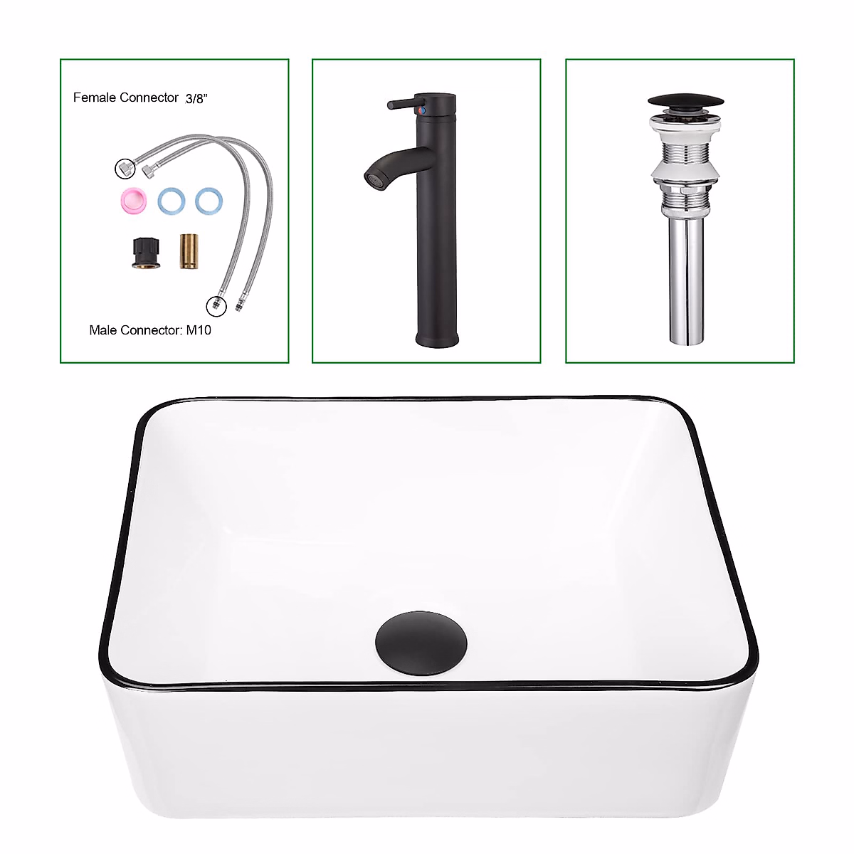 KSWIN Ceramic Rectangular Bathroom Vessel Sink, 16'' x 12'' Above Counter Porcelain Small Sink with Faucet Combo, White Body with Black Trim on The Top