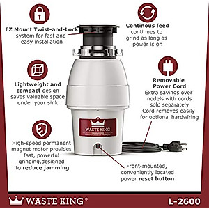 Waste King L-2600 Legend Series 1/2 HP Continuous Feed Garbage Disposal with Power Cord, Waste Disposer for Kitchen Sink