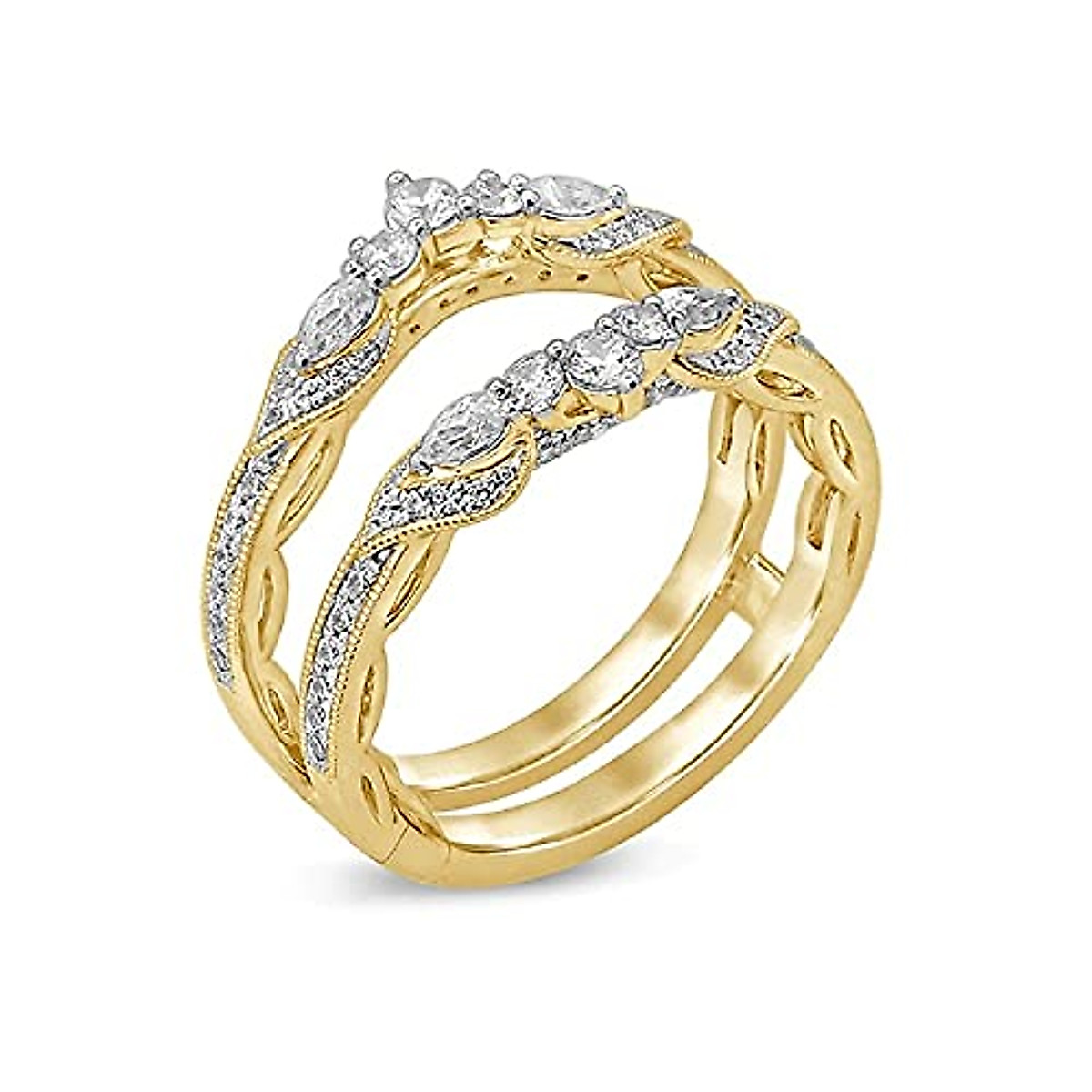 Jewelry Star 3/4 CTW Pear-Shaped Cubic Zirconia Double Crown Vintage-Style Solitaire Enhancer Band in 925 Sterling Silver 14K Yellow Gold Finish