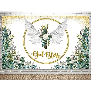 Remagr God Bless Backdrop First Communion Baptism Christening Party Decorations Banner Green Leaves Newborn Baby Shower Photography Background Favors Supplies Photo Booth, 71 x 43 in, One Size